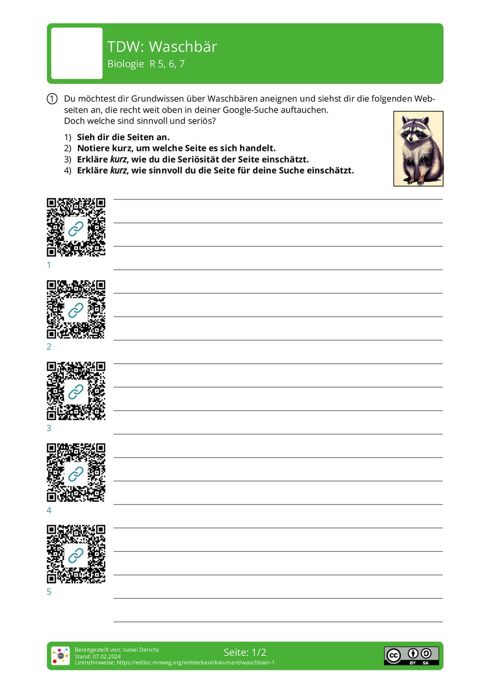 Arbeitsblatt - Waschbär - Biologie - mnweg.org