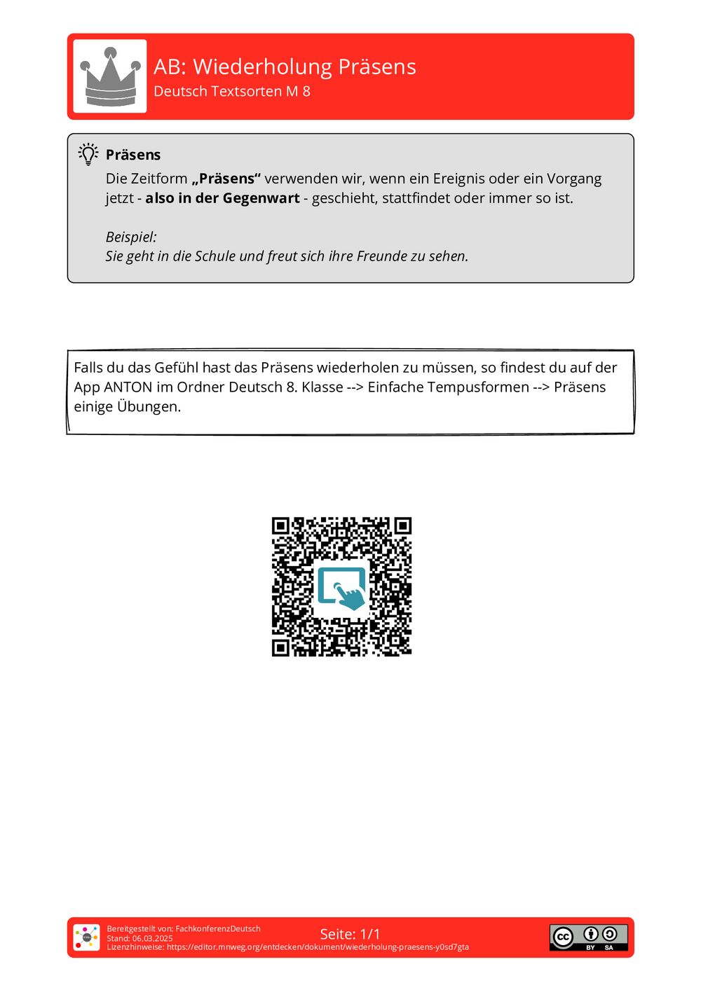 Arbeitsblatt - Wiederholung Präsens - Deutsch - Textsorten - mnweg.org