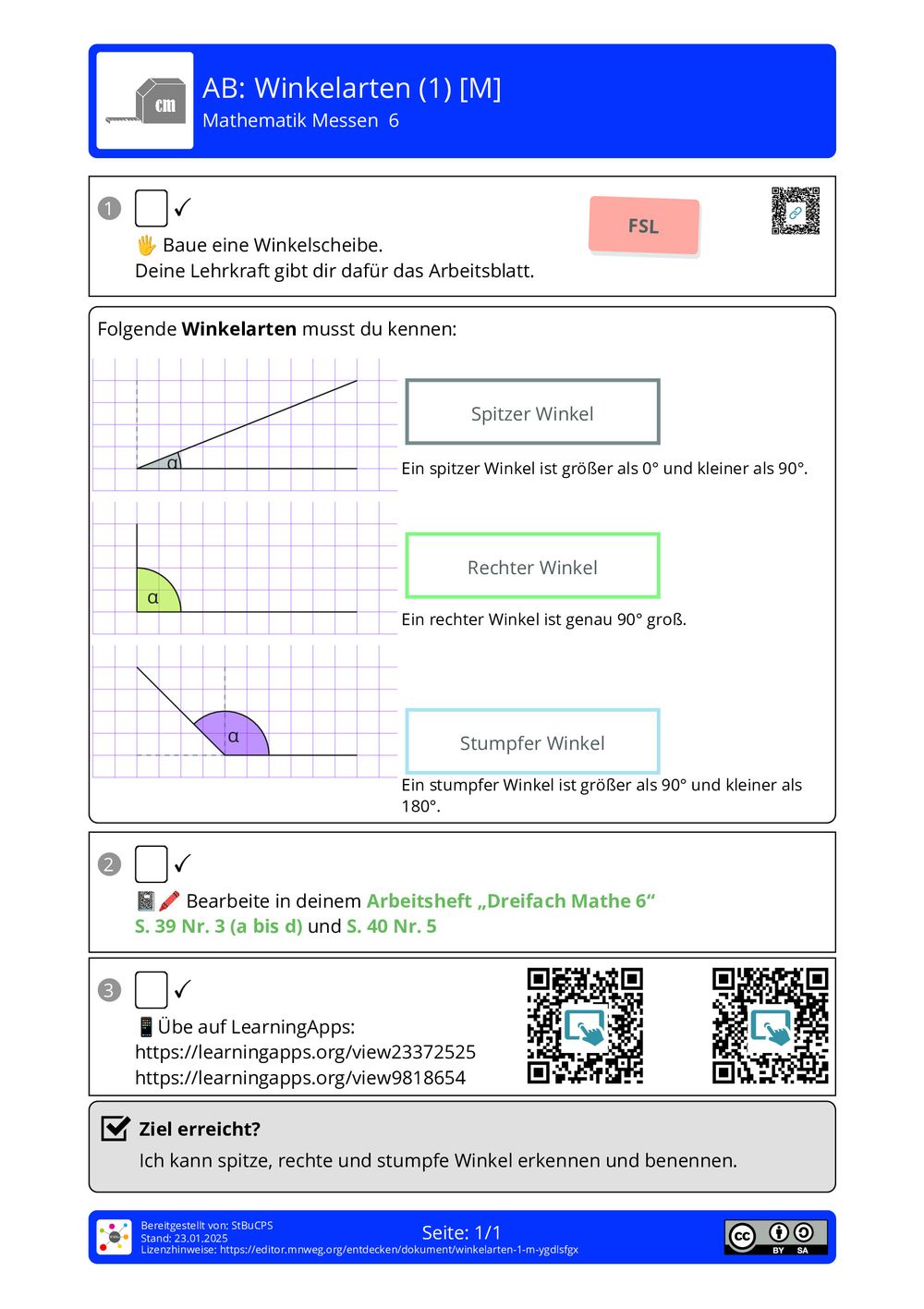 Arbeitsblatt - Winkelarten (1) [M] - Mathematik - Messen - mnweg.org