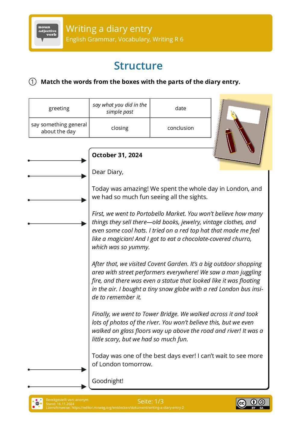 Arbeitsblatt - Writing a diary entry - English - Grammar & Vocabulary ...