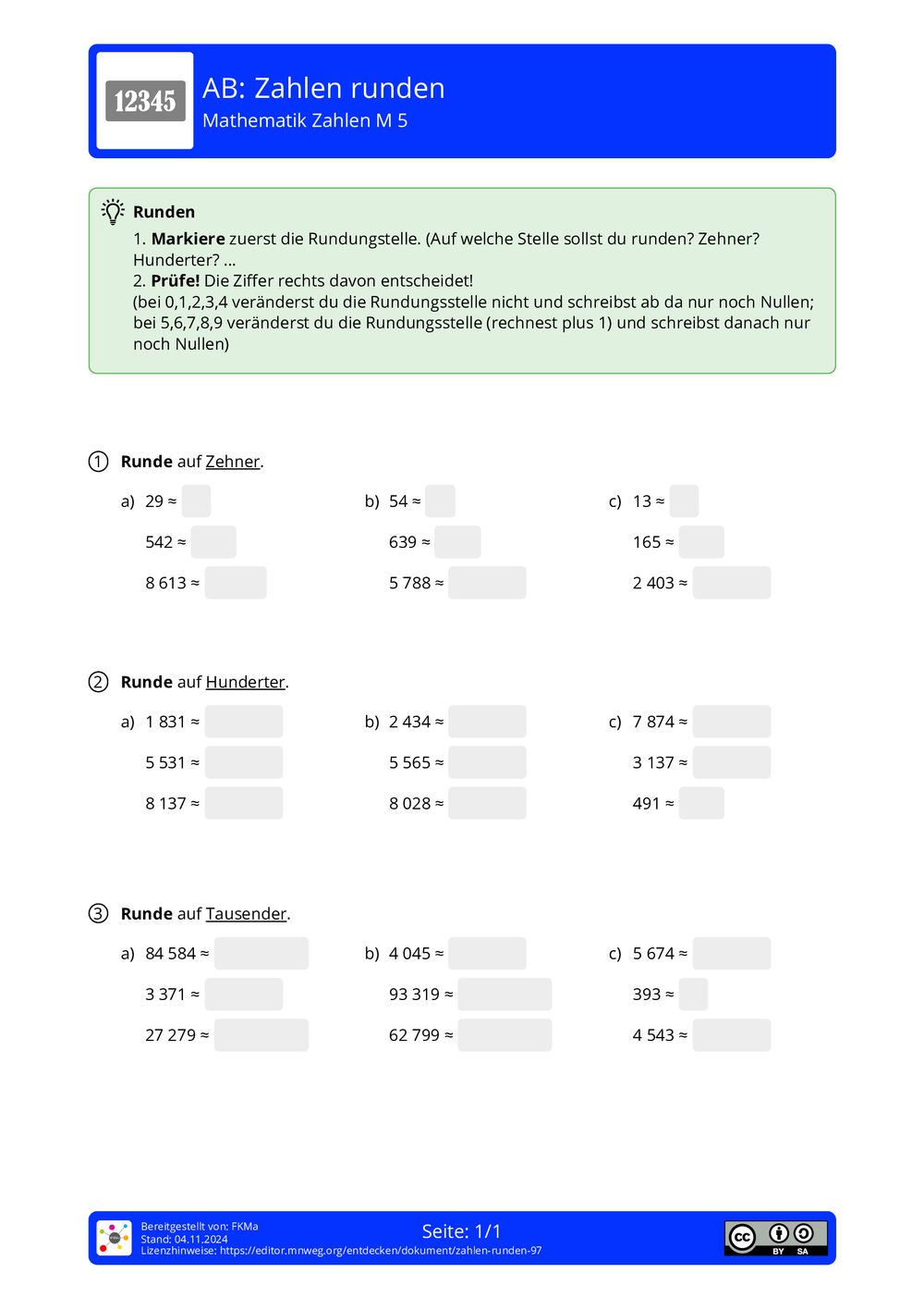Arbeitsblatt - Zahlen runden - Mathematik - Zahlen - mnweg.org