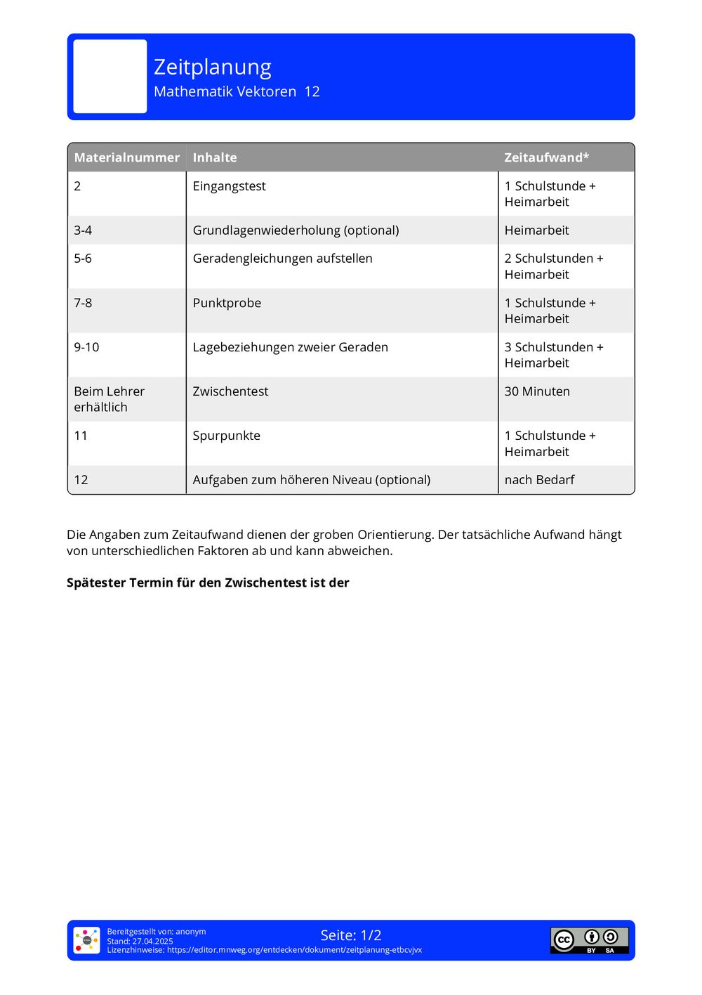 Arbeitsblatt - Zeitplanung - Mathematik - Vektoren - mnweg.org