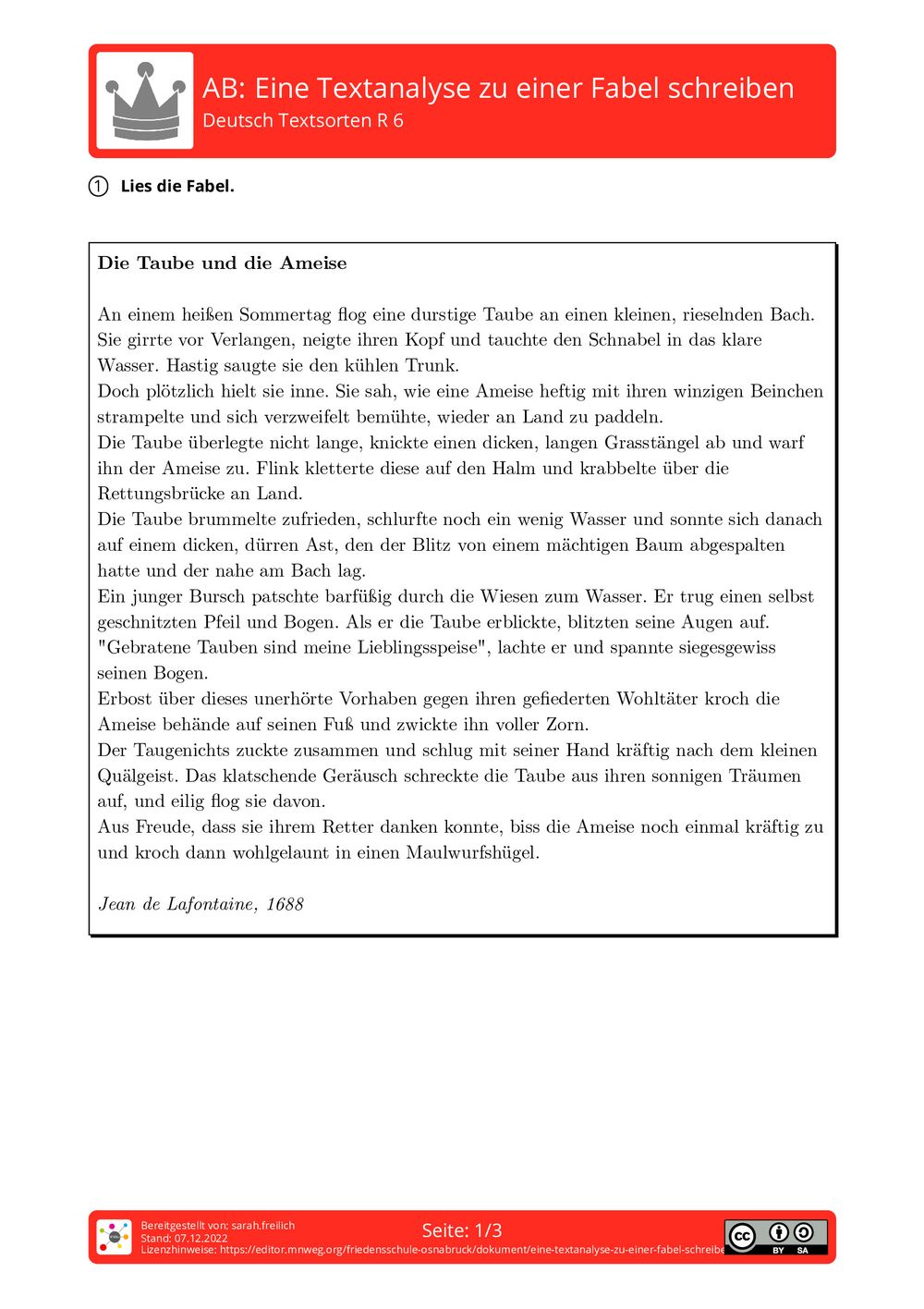 Arbeitsblatt - Eine Textanalyse zu einer Fabel schreiben - Deutsch ...