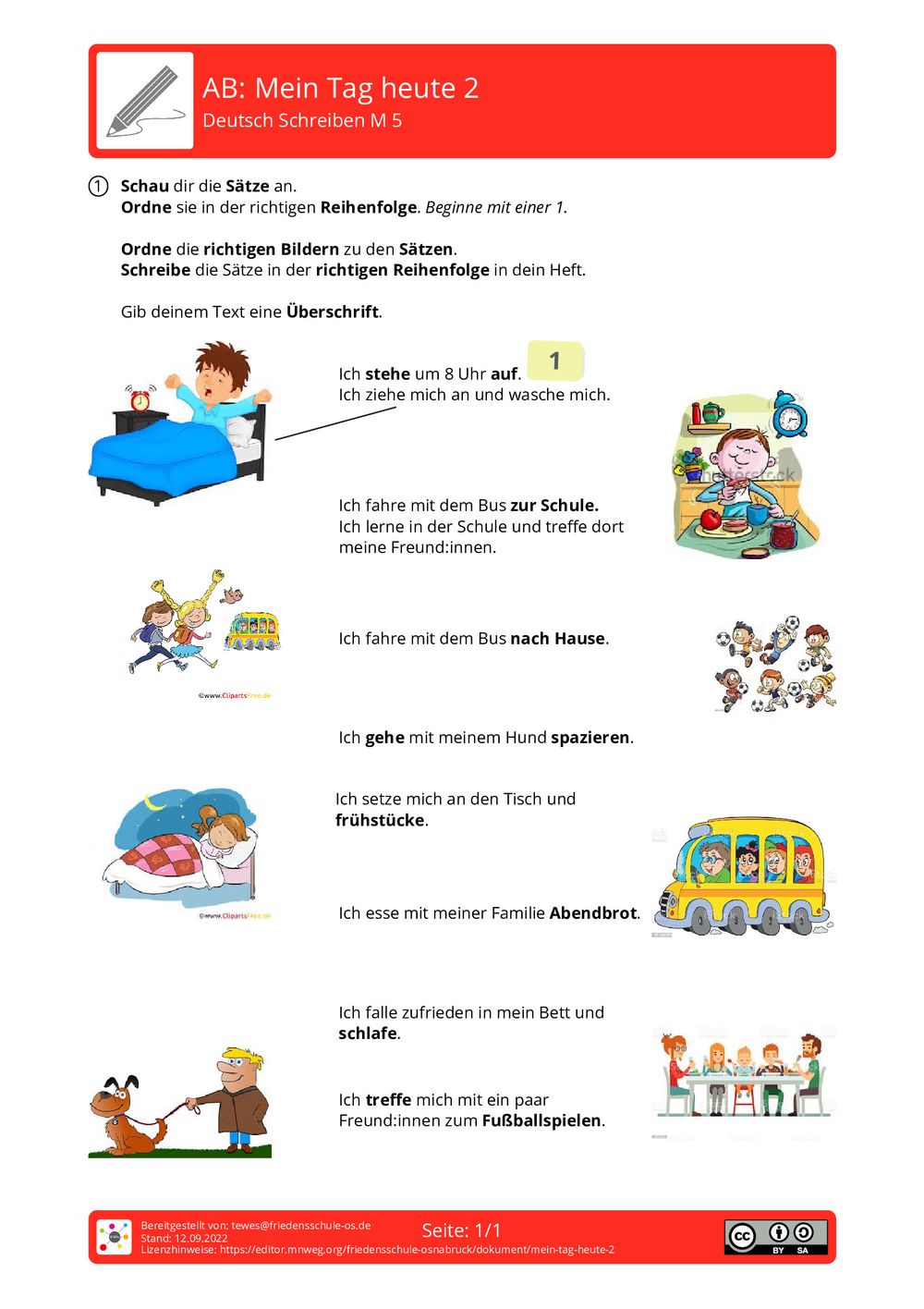 Arbeitsblatt - Mein Tag heute 2 - Deutsch - Schreiben - mnweg.org