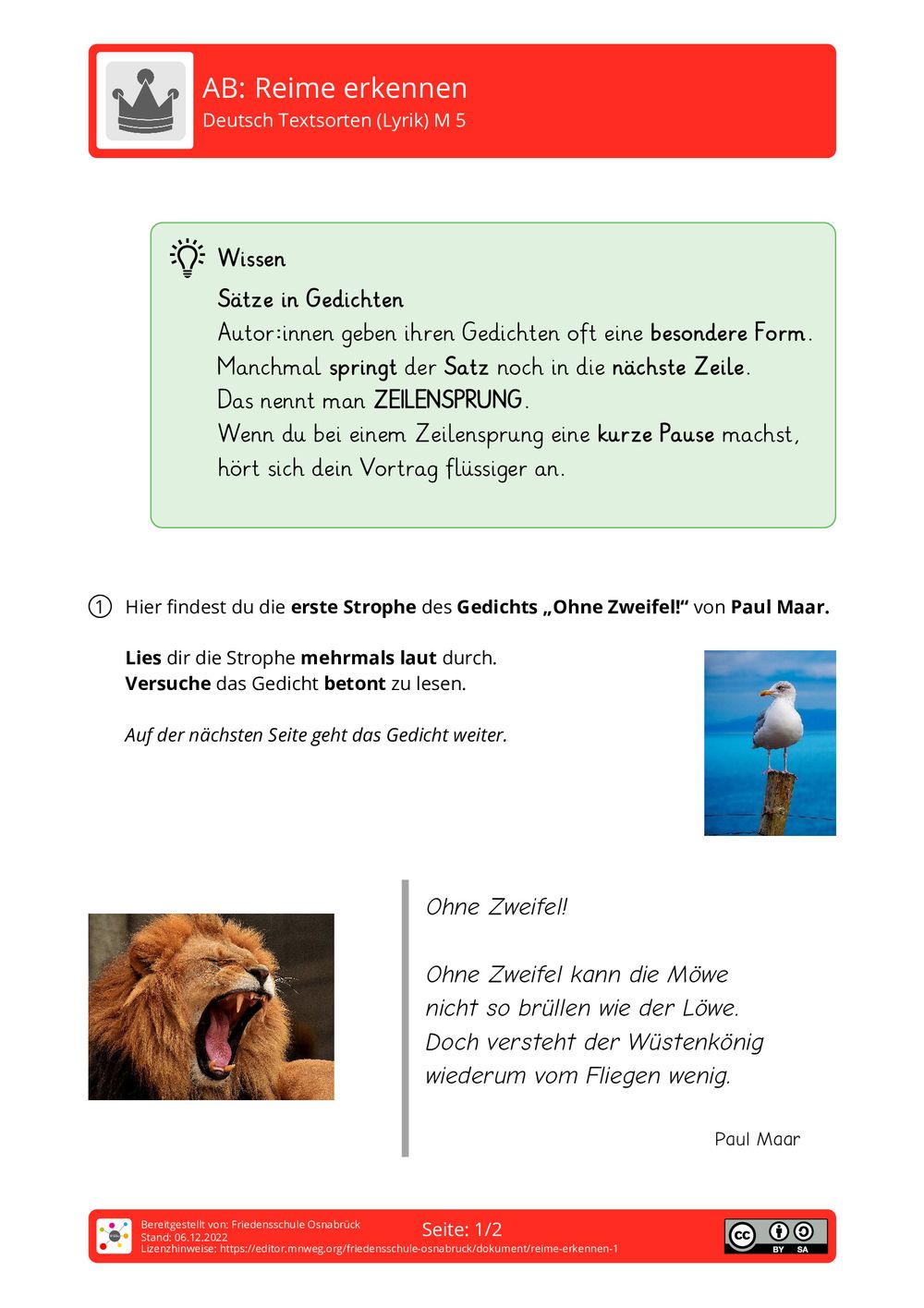 Arbeitsblatt - Reime erkennen - Deutsch - Textsorten (Lyrik) - mnweg.org