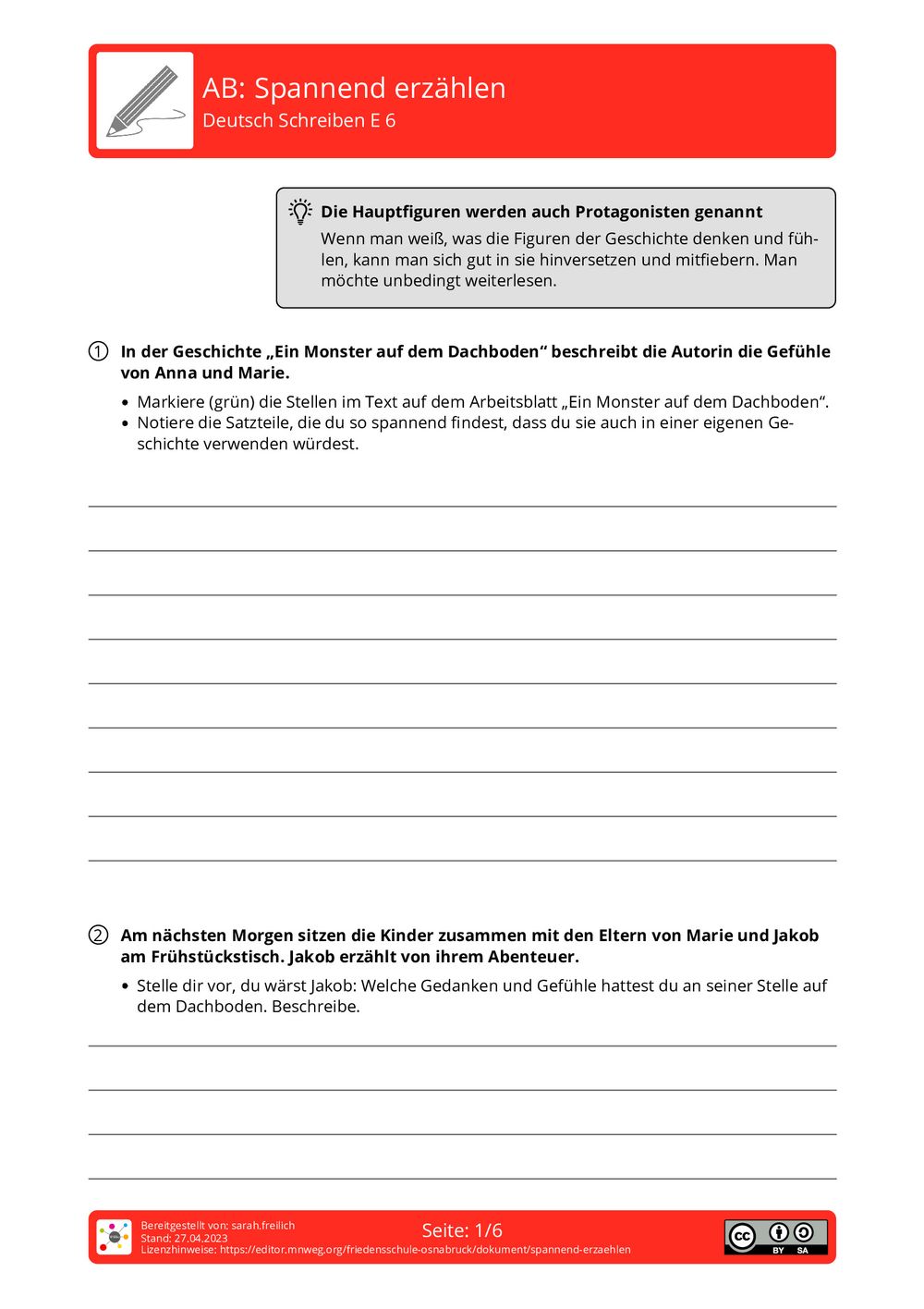 Arbeitsblatt - Spannend erzählen - Deutsch - Schreiben - mnweg.org