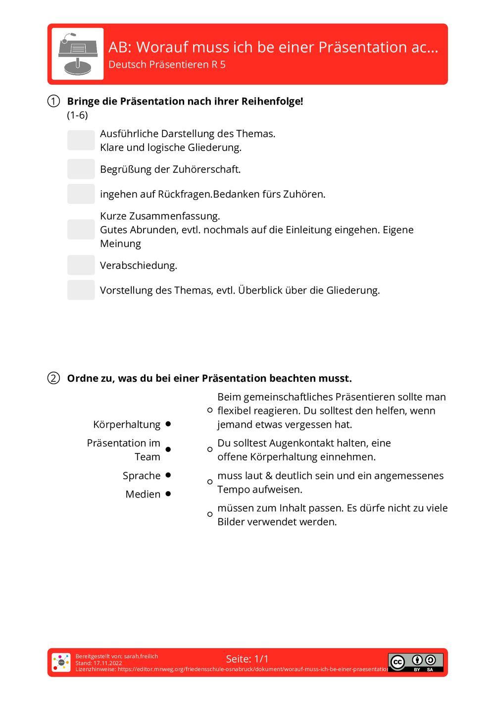 Arbeitsblatt - Worauf muss ich be einer Präsentation achten? - Deutsch ... Arbeitsblatt - Worauf muss ich be einer Präsentation achten? - Deutsch ...