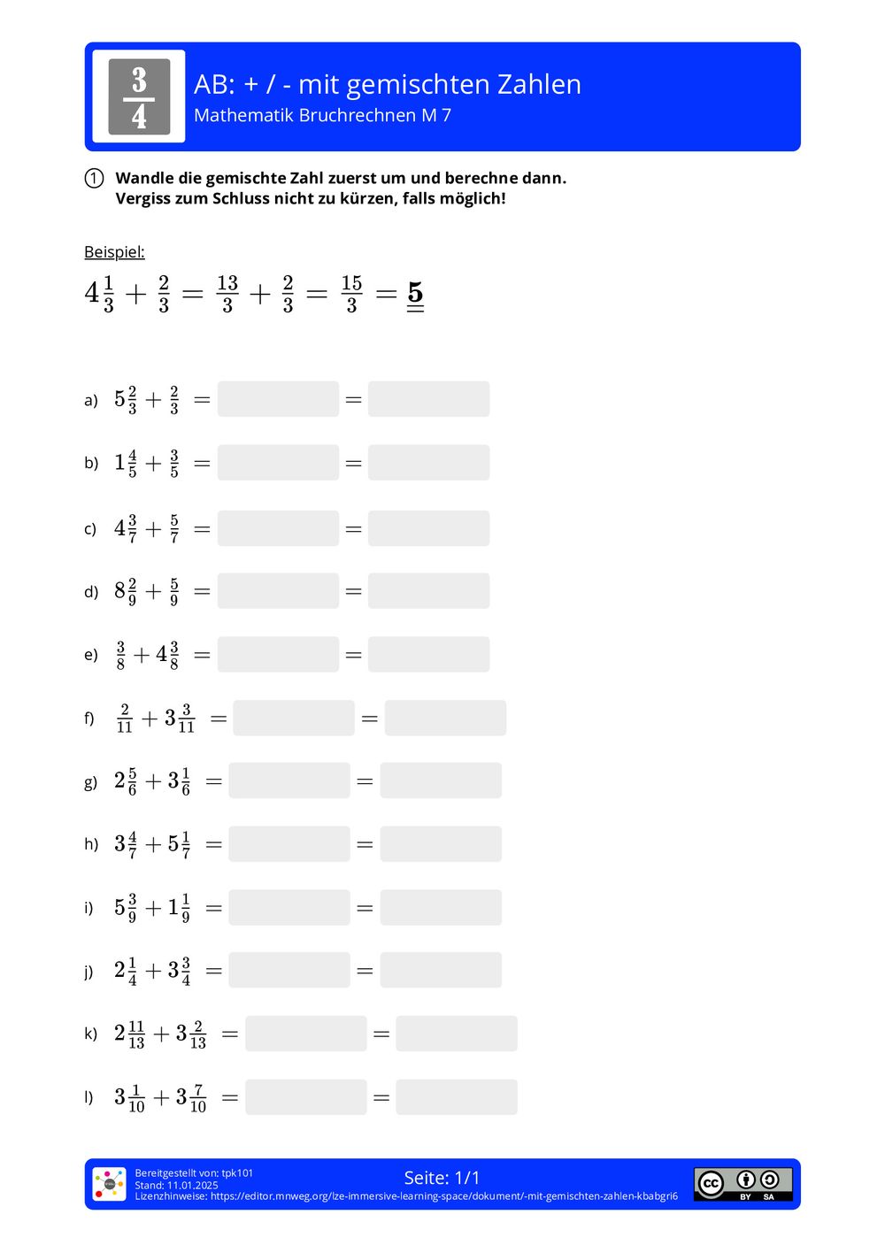 Arbeitsblatt - + / - mit gemischten Zahlen - Mathematik - Bruchrechnen ...