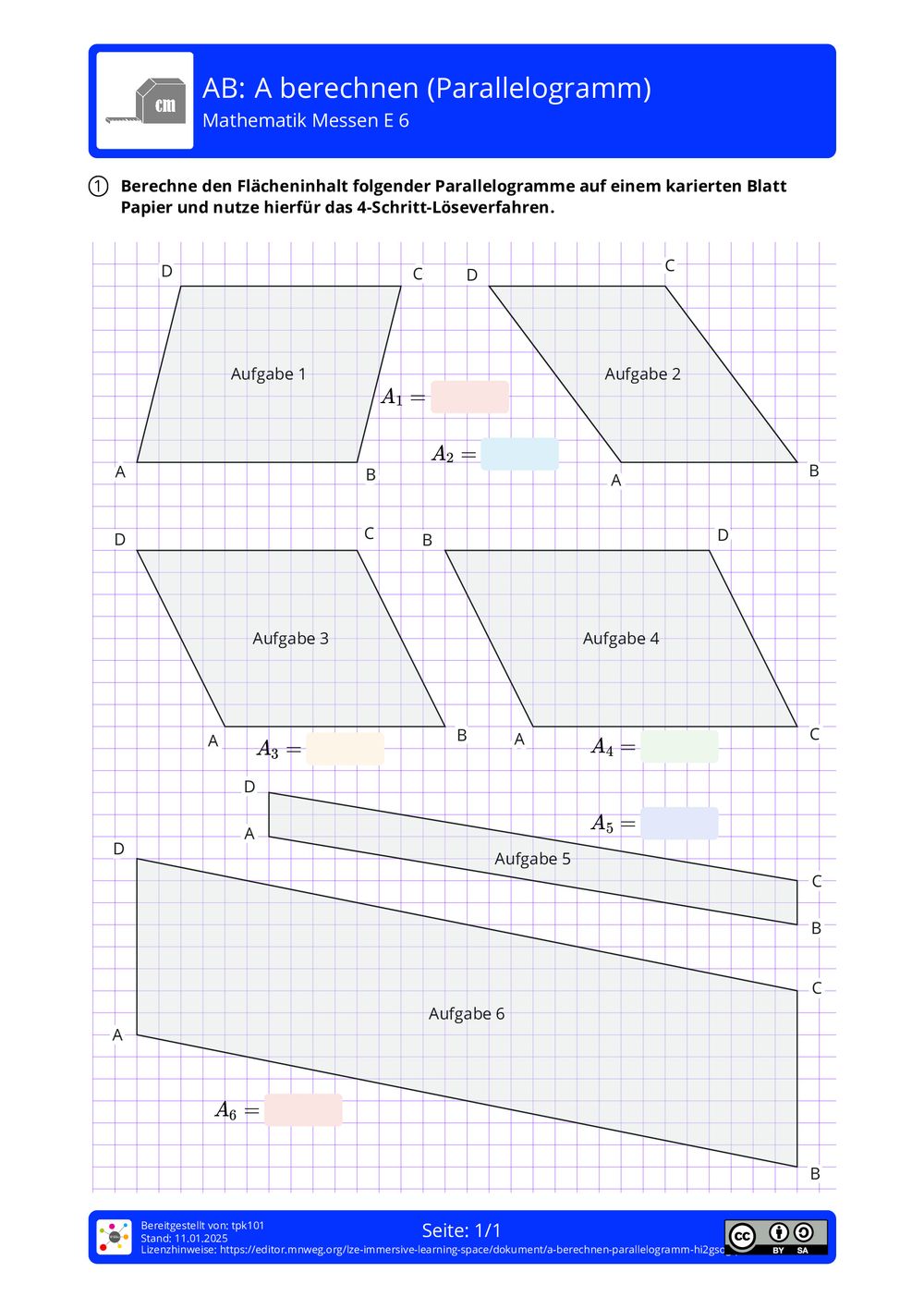 Arbeitsblatt - A berechnen (Parallelogramm) - Mathematik - Messen ...