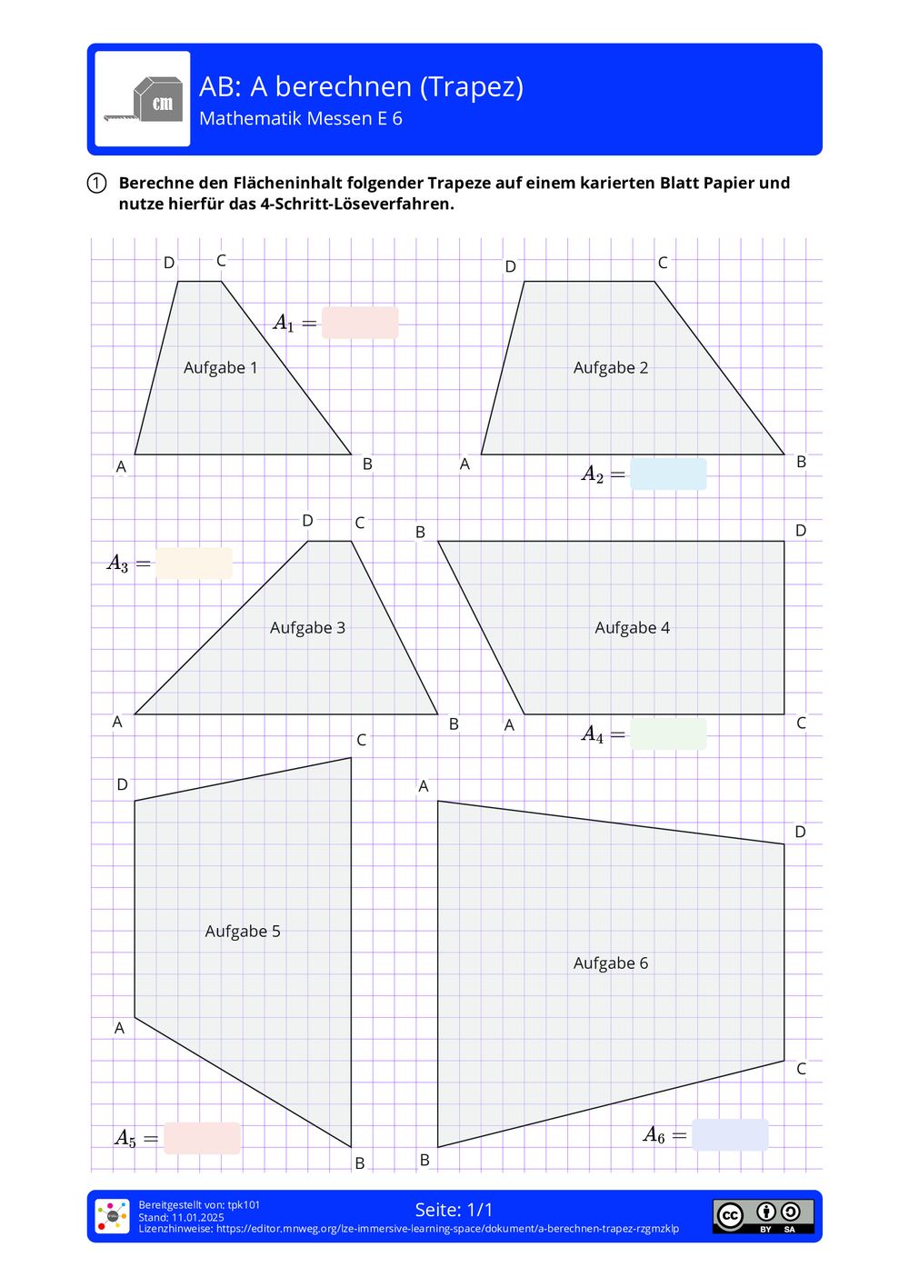 Arbeitsblatt - A berechnen (Trapez) - Mathematik - Messen - mnweg.org