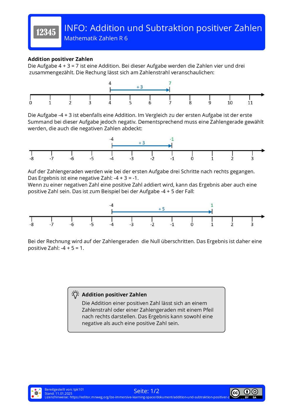 Arbeitsblatt - Addition und Subtraktion positiver Zahlen - Mathematik ...
