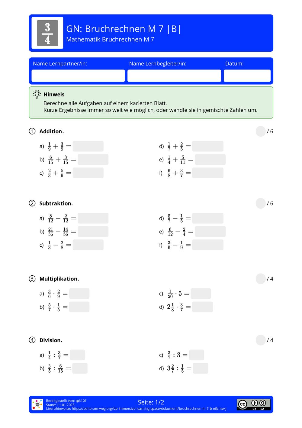 Arbeitsblatt - Bruchrechnen M 7 |B| - Mathematik - Bruchrechnen - mnweg.org