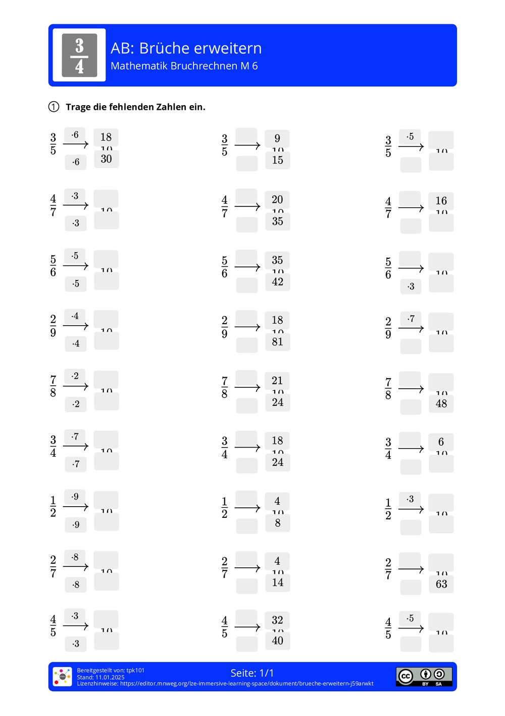 Arbeitsblatt - Brüche erweitern - Mathematik - Bruchrechnen - mnweg.org