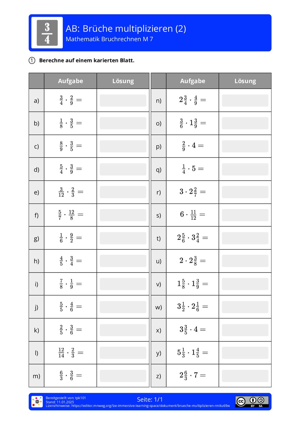 Arbeitsblatt - Brüche multiplizieren (2) - Mathematik - Bruchrechnen ...
