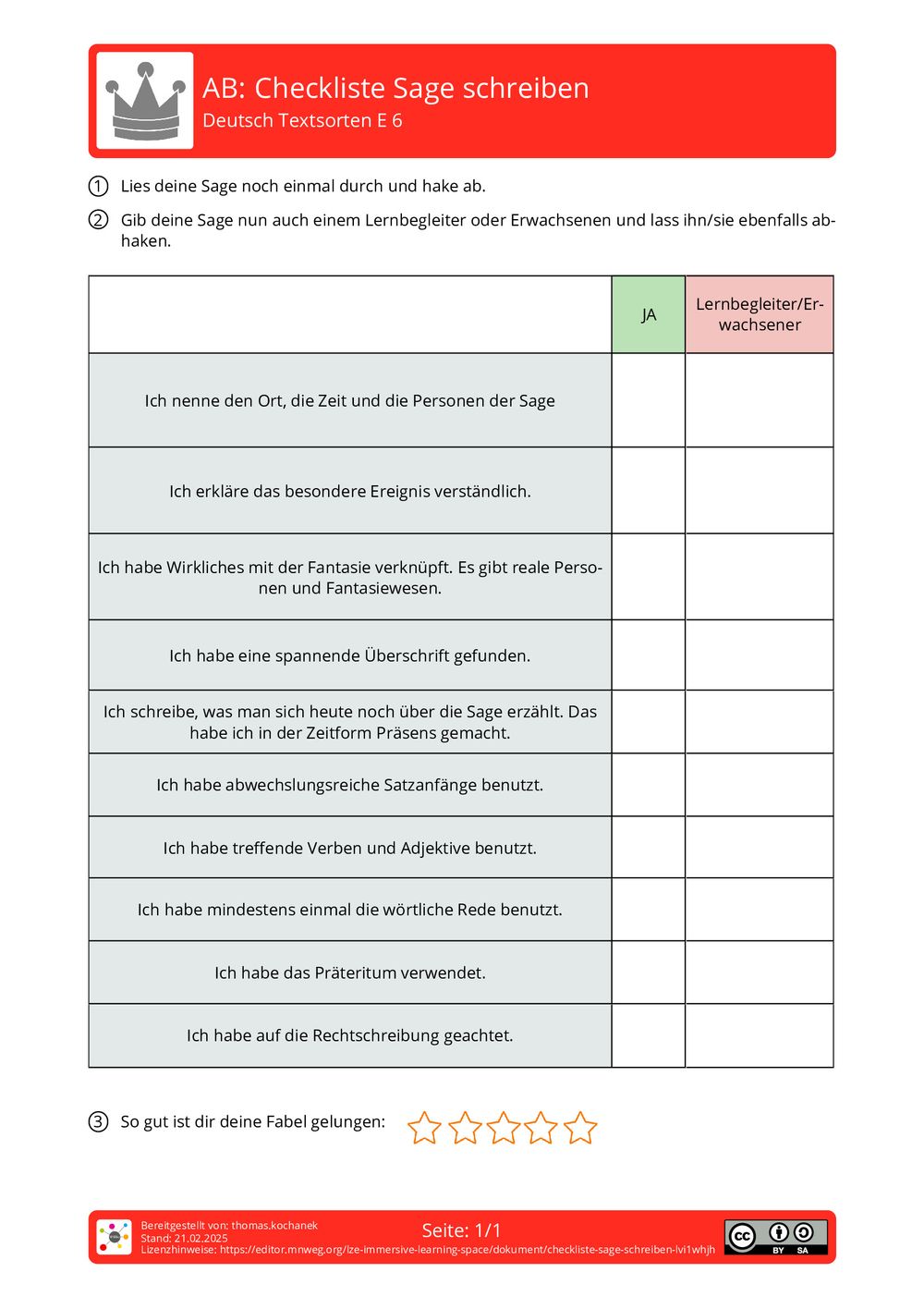 Arbeitsblatt - Checkliste Sage schreiben - Deutsch - Textsorten - mnweg.org