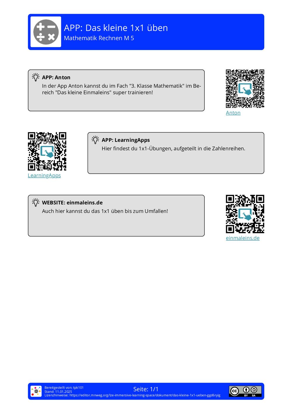 Arbeitsblatt - Das kleine 1x1 üben - Mathematik - Rechnen - mnweg.org