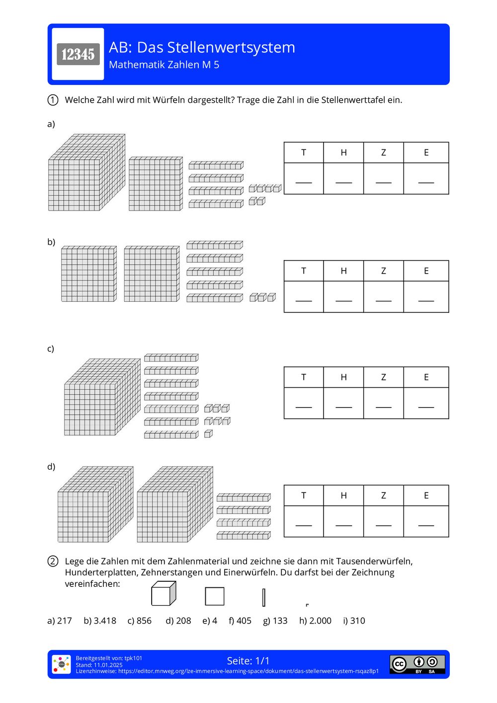 Arbeitsblatt - Das Stellenwertsystem - Mathematik - Zahlen - mnweg.org