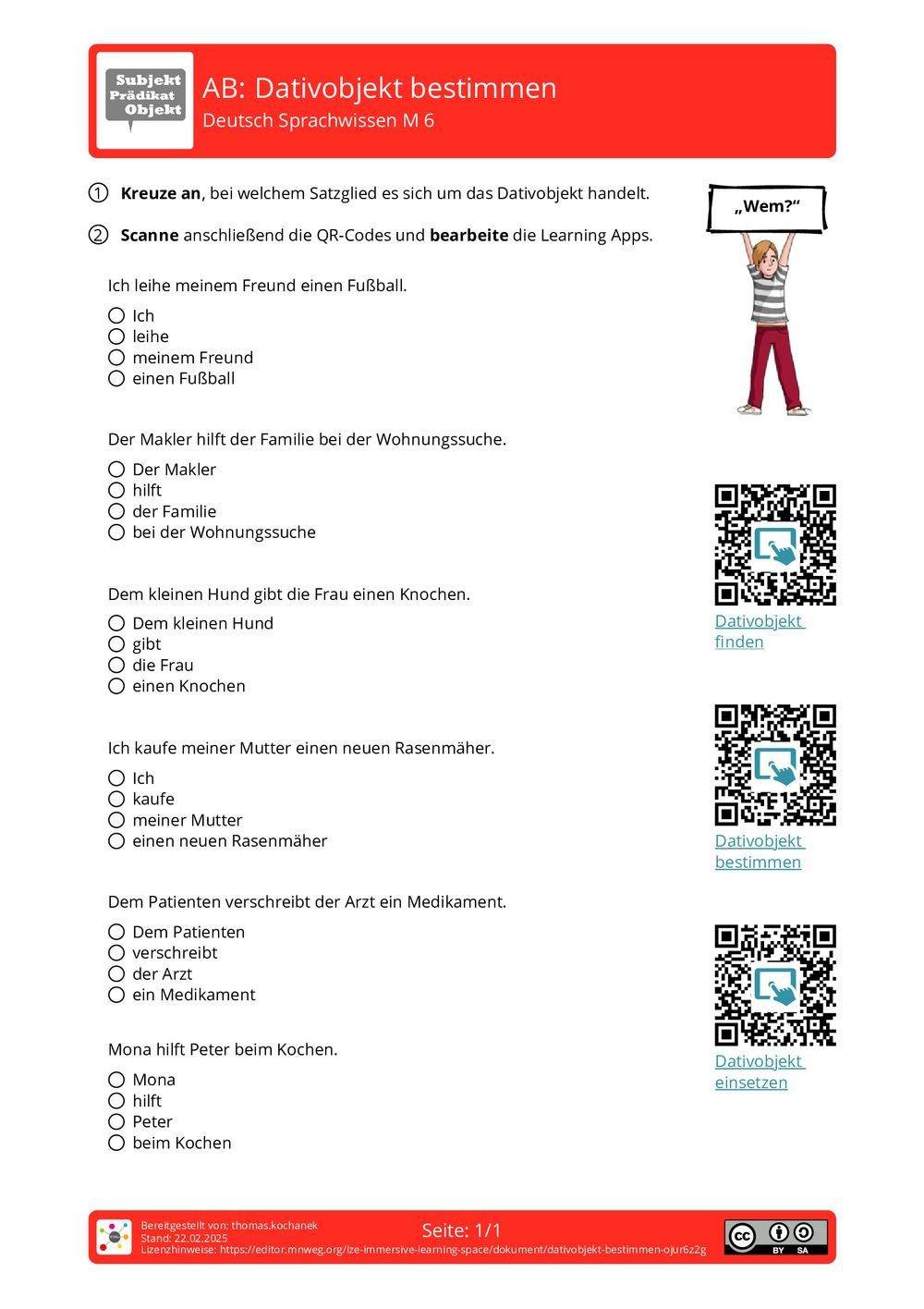 Arbeitsblatt - Dativobjekt bestimmen - Deutsch - Sprachwissen - mnweg.org