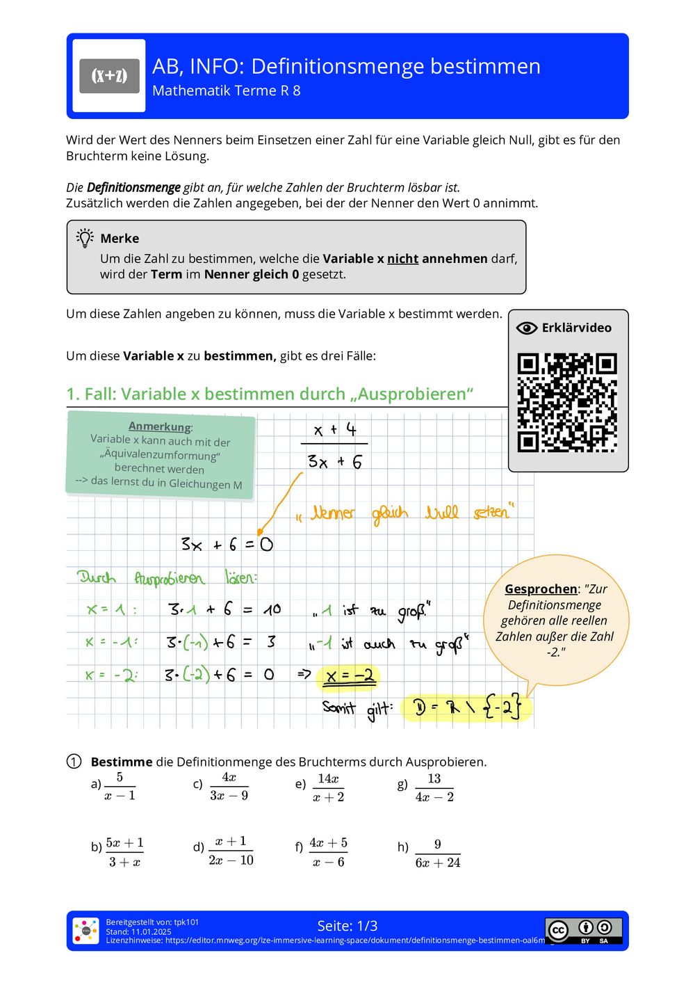 Arbeitsblatt - Definitionsmenge bestimmen - Mathematik - Terme - mnweg.org