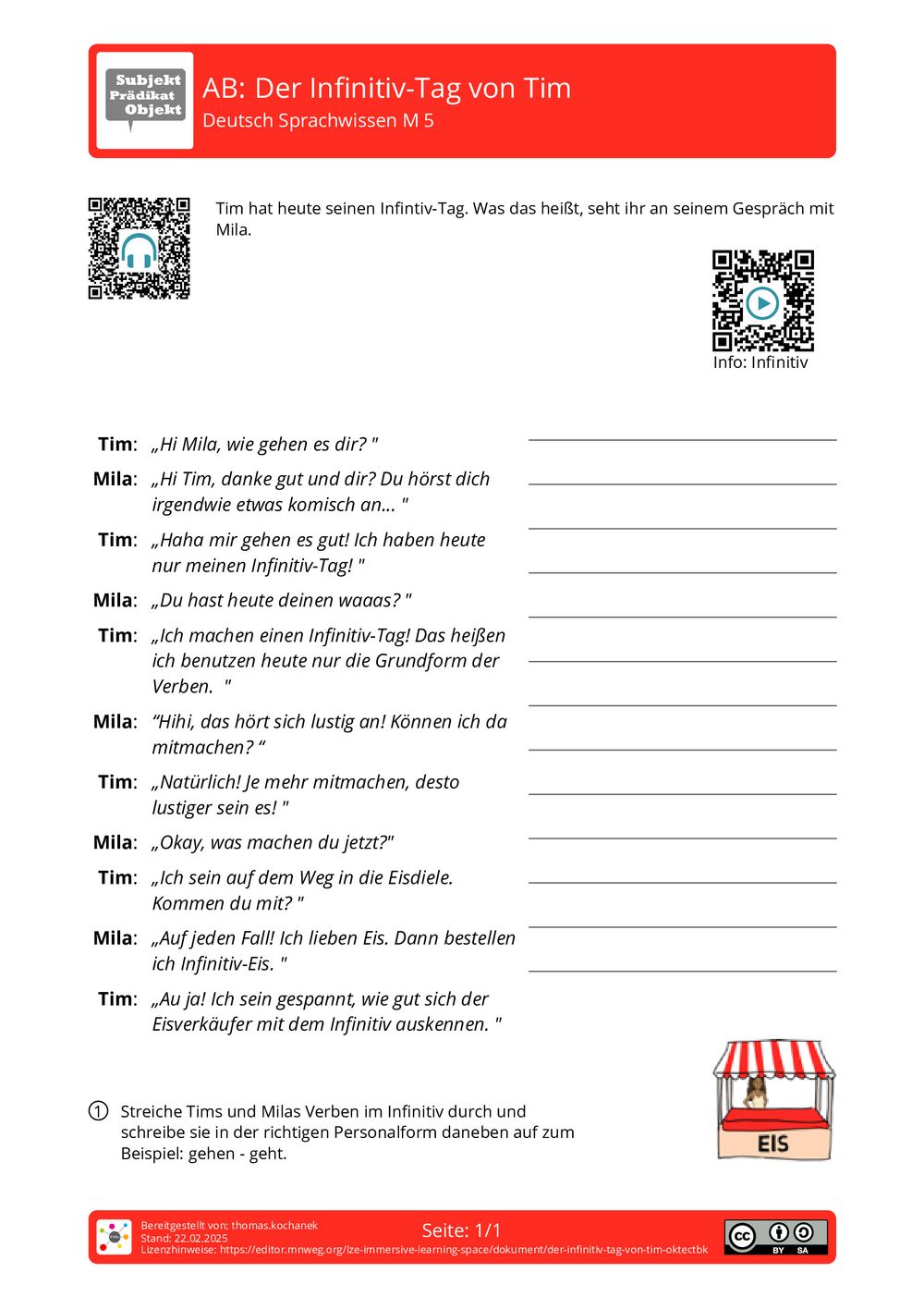 Arbeitsblatt - Der Infinitiv-Tag von Tim - Deutsch - Sprachwissen - mnweg.org