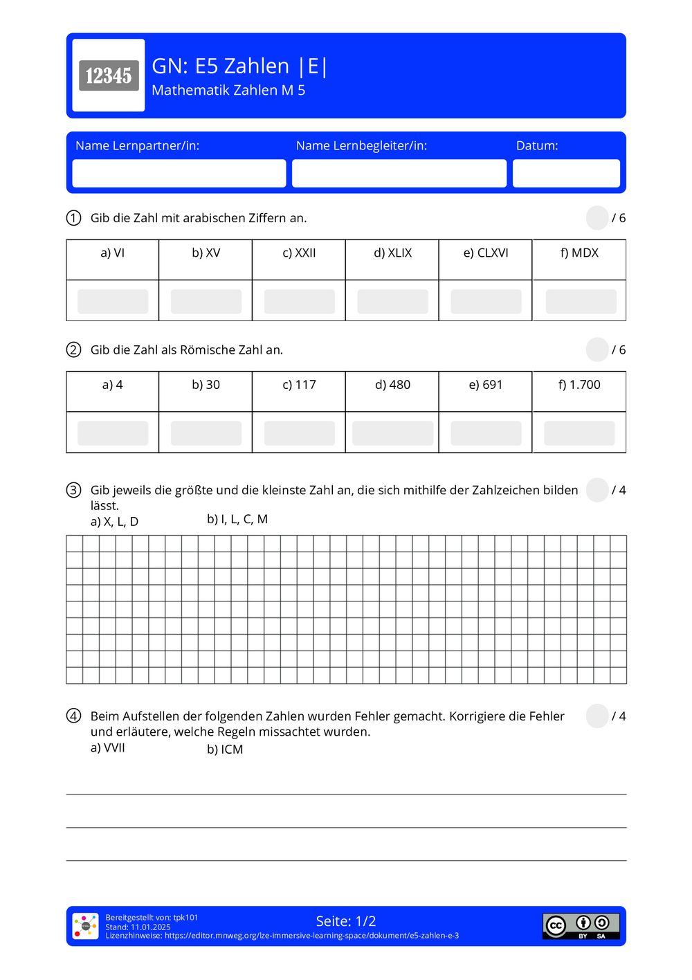 Arbeitsblatt - E5 Zahlen |E| - Mathematik - Zahlen - mnweg.org