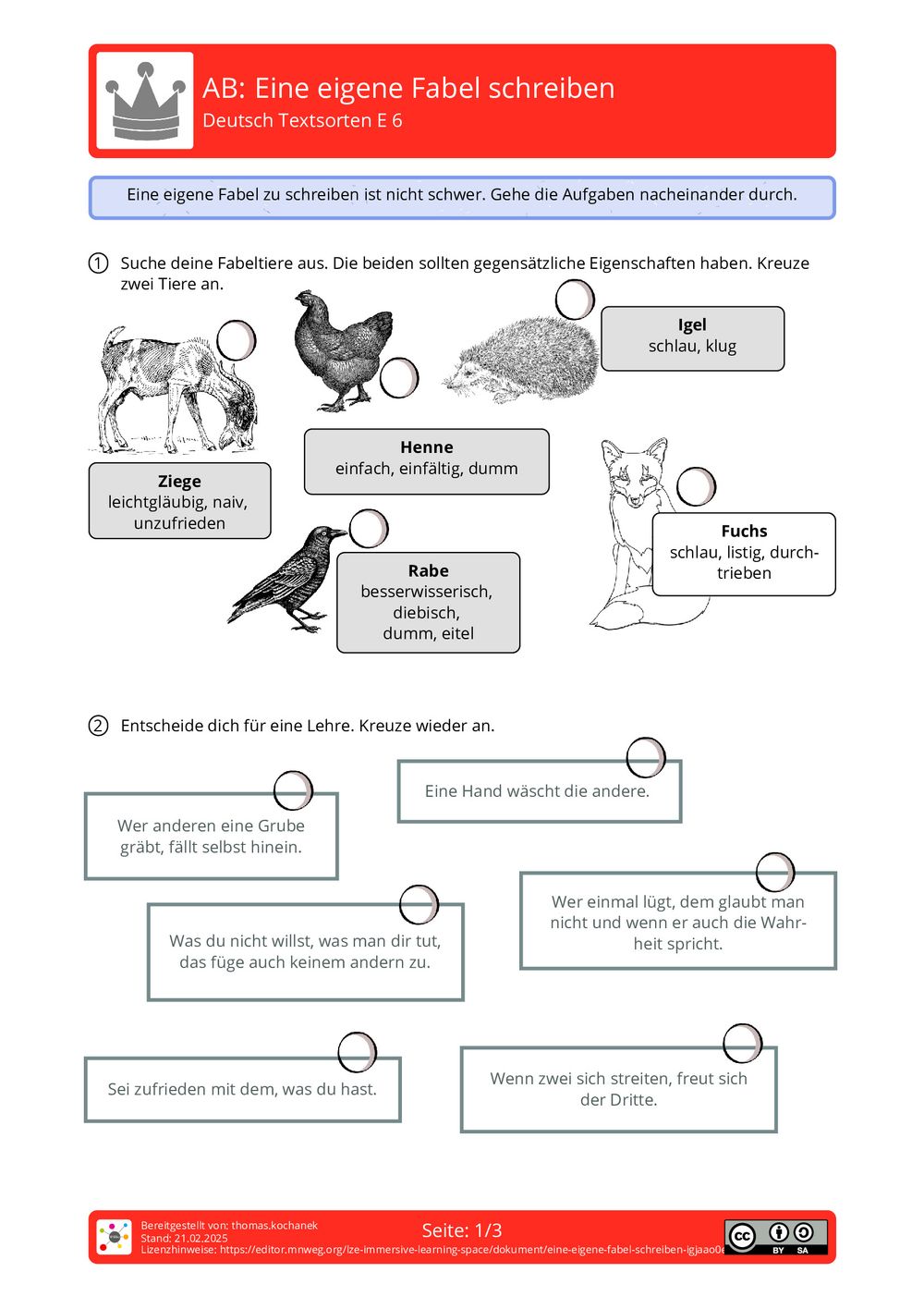 Arbeitsblatt - Eine eigene Fabel schreiben - Deutsch - Textsorten ...