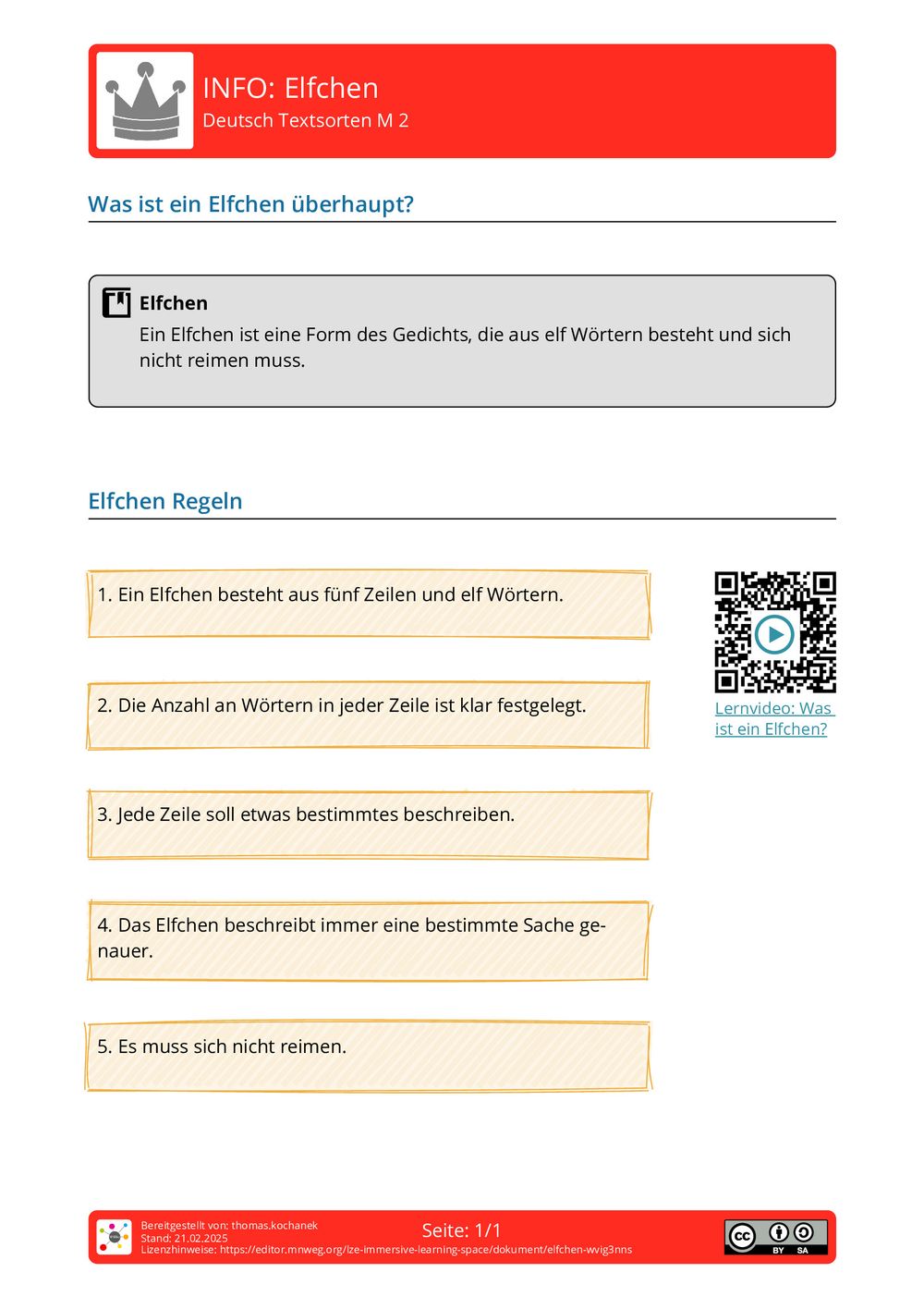 Arbeitsblatt - Elfchen - Deutsch - Textsorten - mnweg.org