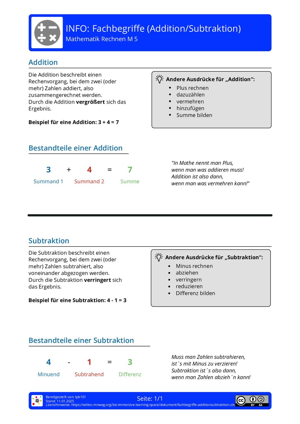 Arbeitsblatt - Fachbegriffe (Addition/Subtraktion) - Mathematik ...