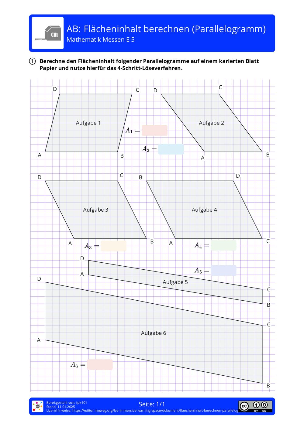 Arbeitsblatt - Flächeninhalt berechnen (Parallelogramm) - Mathematik ...