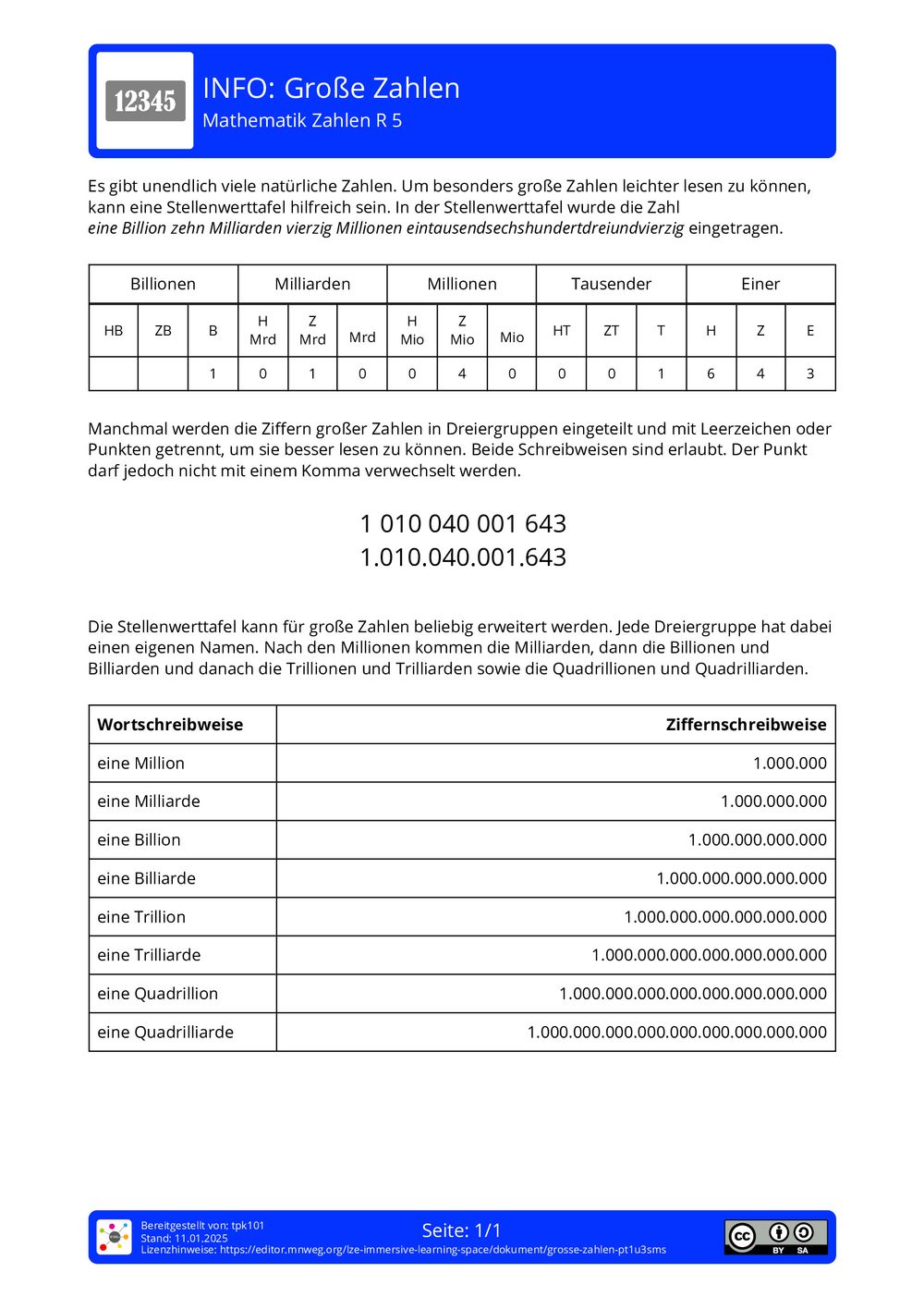 Arbeitsblatt - Große Zahlen - Mathematik - Zahlen - mnweg.org