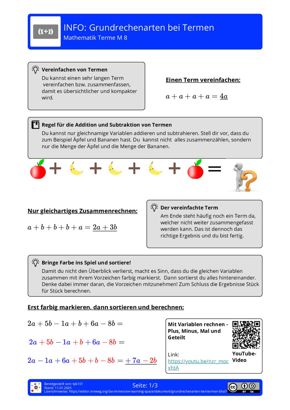 Arbeitsblatt - Grundrechenarten bei Termen - Mathematik - Terme - mnweg.org
