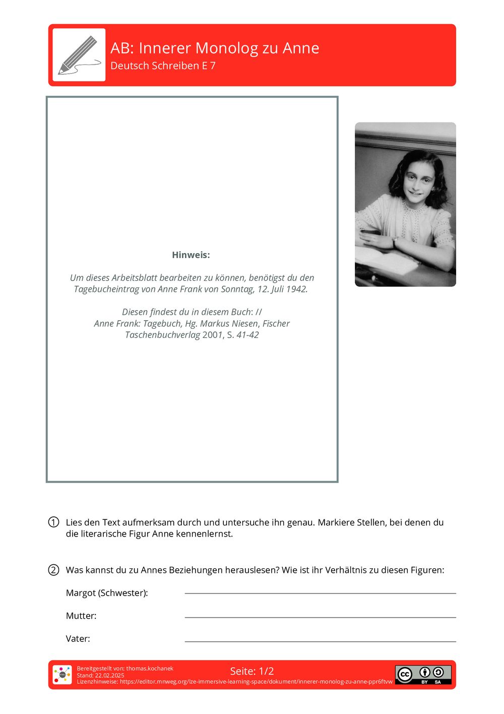 Arbeitsblatt - Innerer Monolog zu Anne - Deutsch - Schreiben - mnweg.org