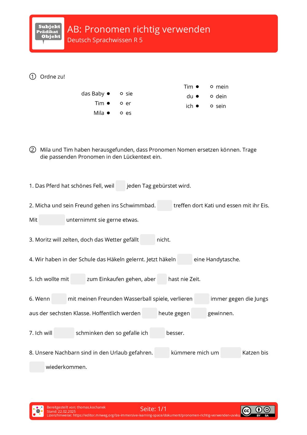 Arbeitsblatt - Pronomen richtig verwenden - Deutsch - Sprachwissen ...