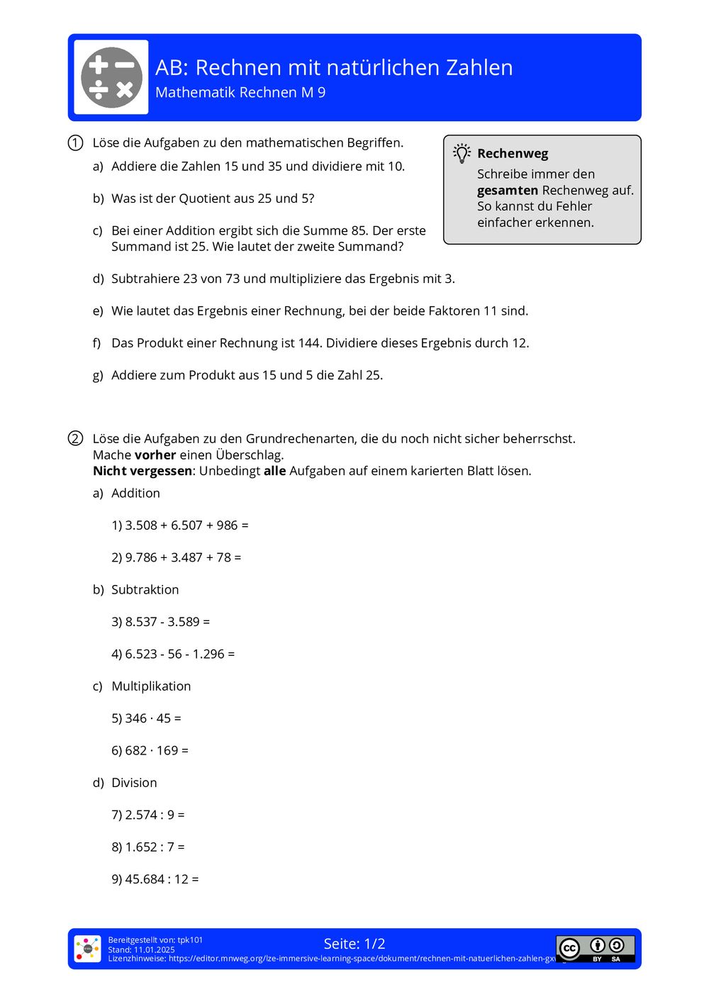 Arbeitsblatt - Rechnen mit natürlichen Zahlen - Mathematik - Rechnen ...