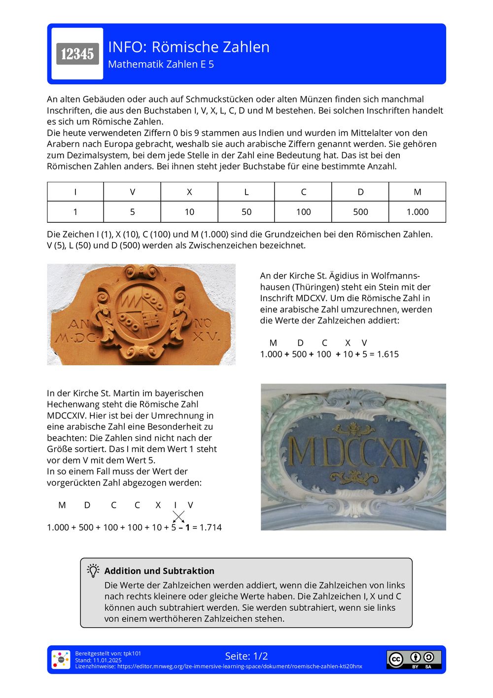 Arbeitsblatt - Römische Zahlen - Mathematik - Zahlen - mnweg.org