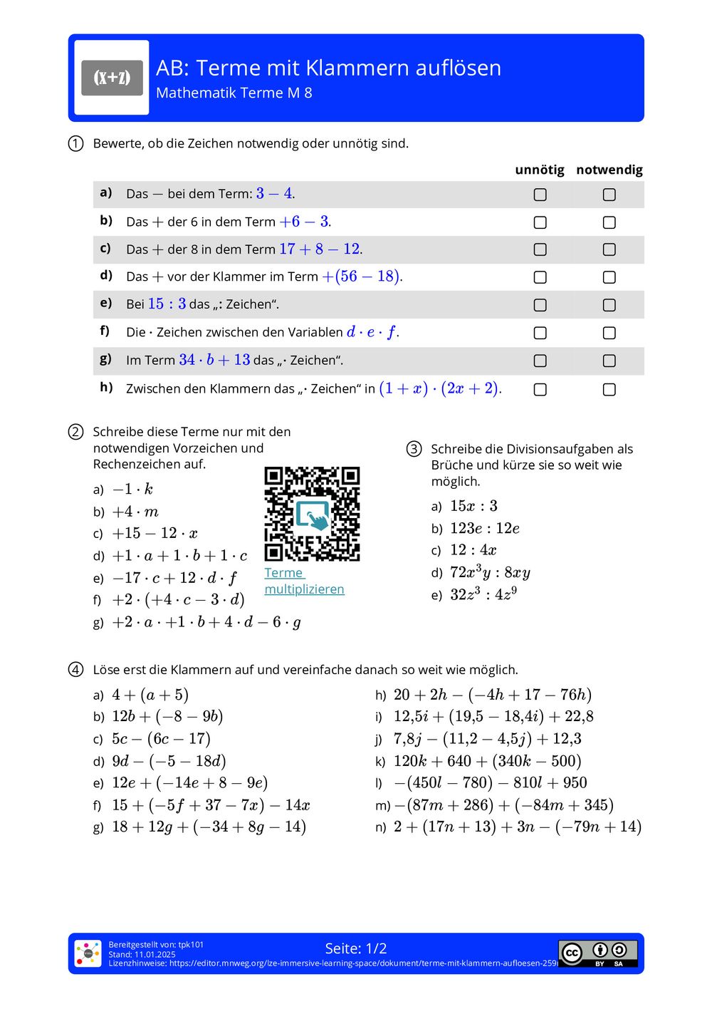 Arbeitsblatt - Terme mit Klammern auflösen - Mathematik - Terme - mnweg.org