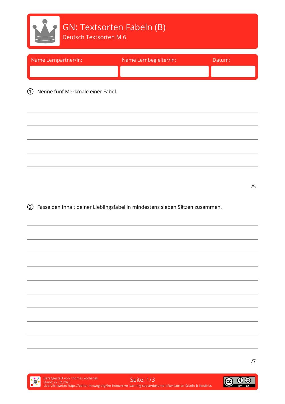 Arbeitsblatt - Textsorten Fabeln (B) - Deutsch - Textsorten - mnweg.org