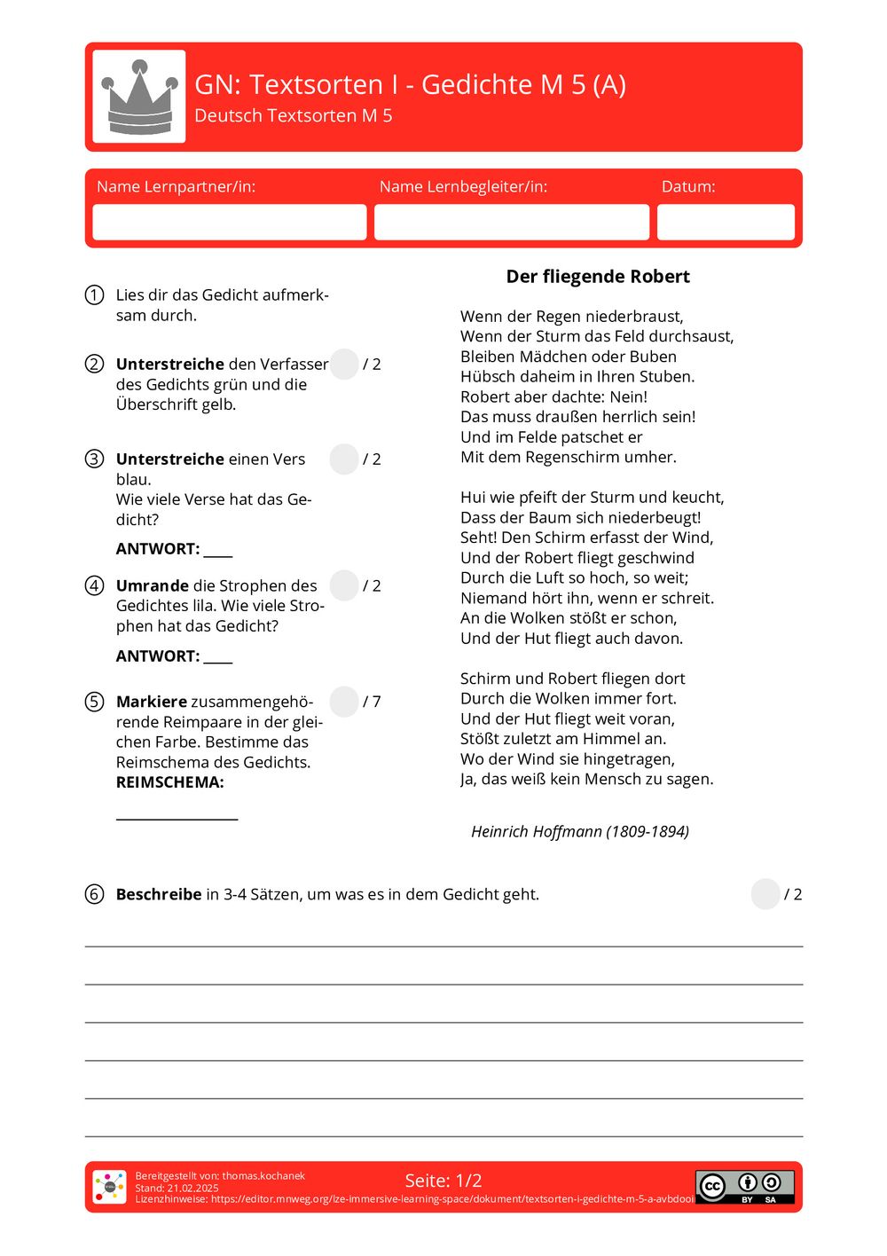 Arbeitsblatt - Textsorten I - Gedichte M 5 (A) - Deutsch - Textsorten ...