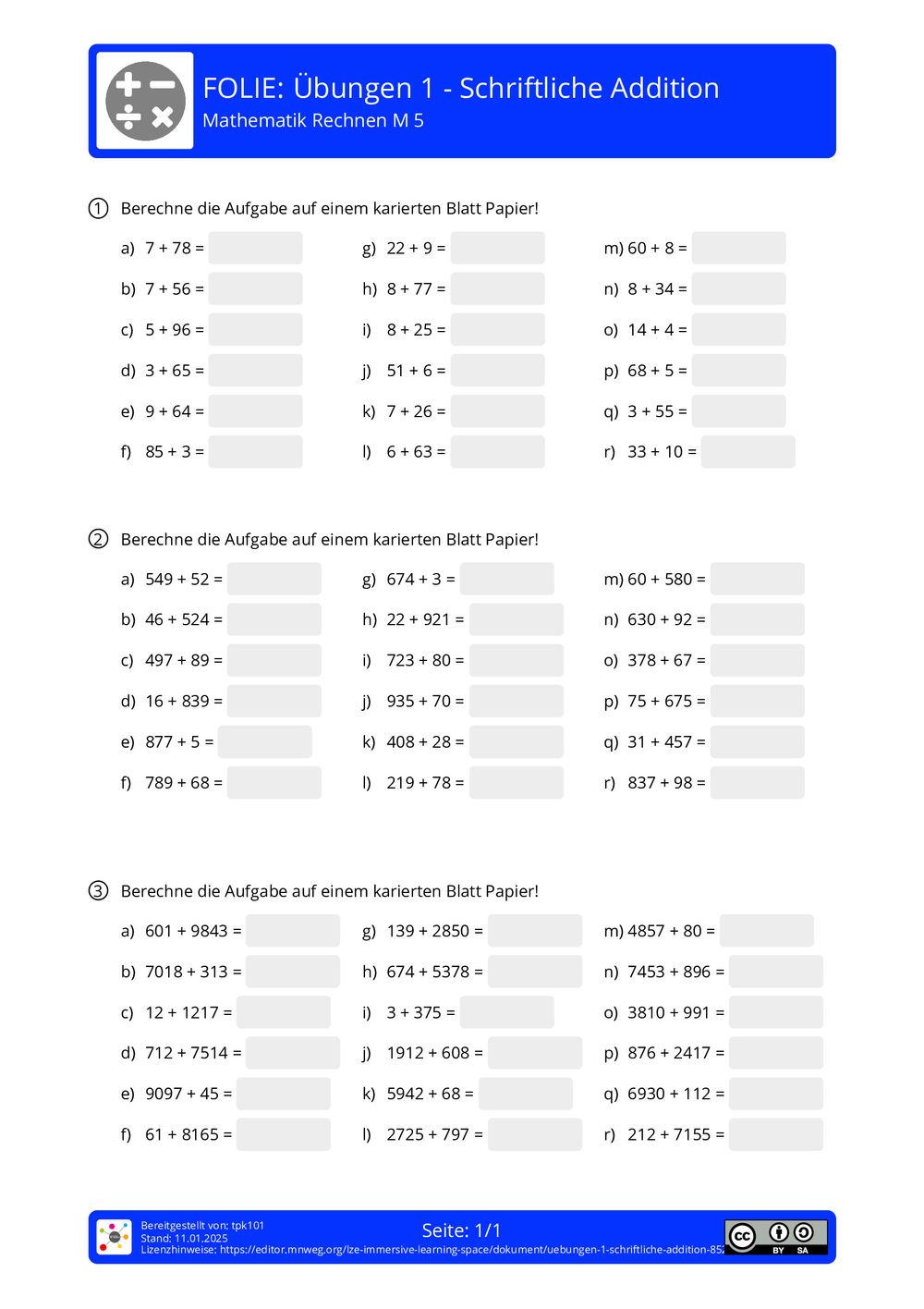 Arbeitsblatt - Übungen 1 - Schriftliche Addition - Mathematik - Rechnen ...