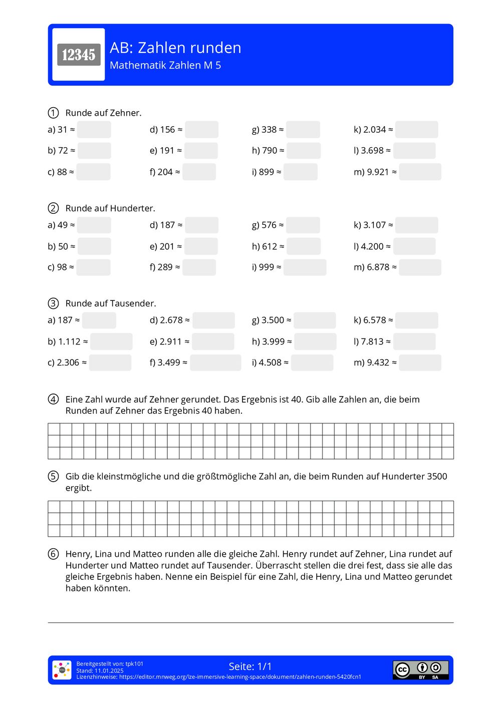 Arbeitsblatt - Zahlen runden - Mathematik - Zahlen - mnweg.org