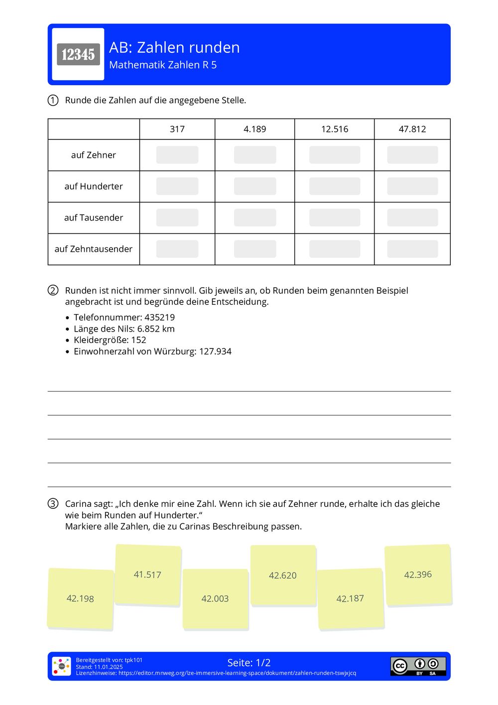 Arbeitsblatt - Zahlen runden - Mathematik - Zahlen - mnweg.org