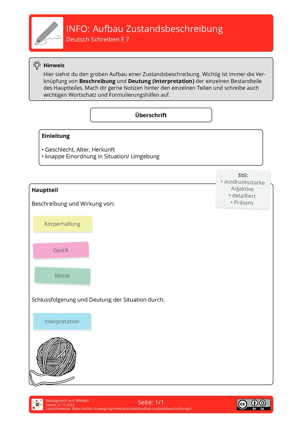 Arbeitsblatt - Aufbau Zustandsbeschreibung - Deutsch - Schreiben ...