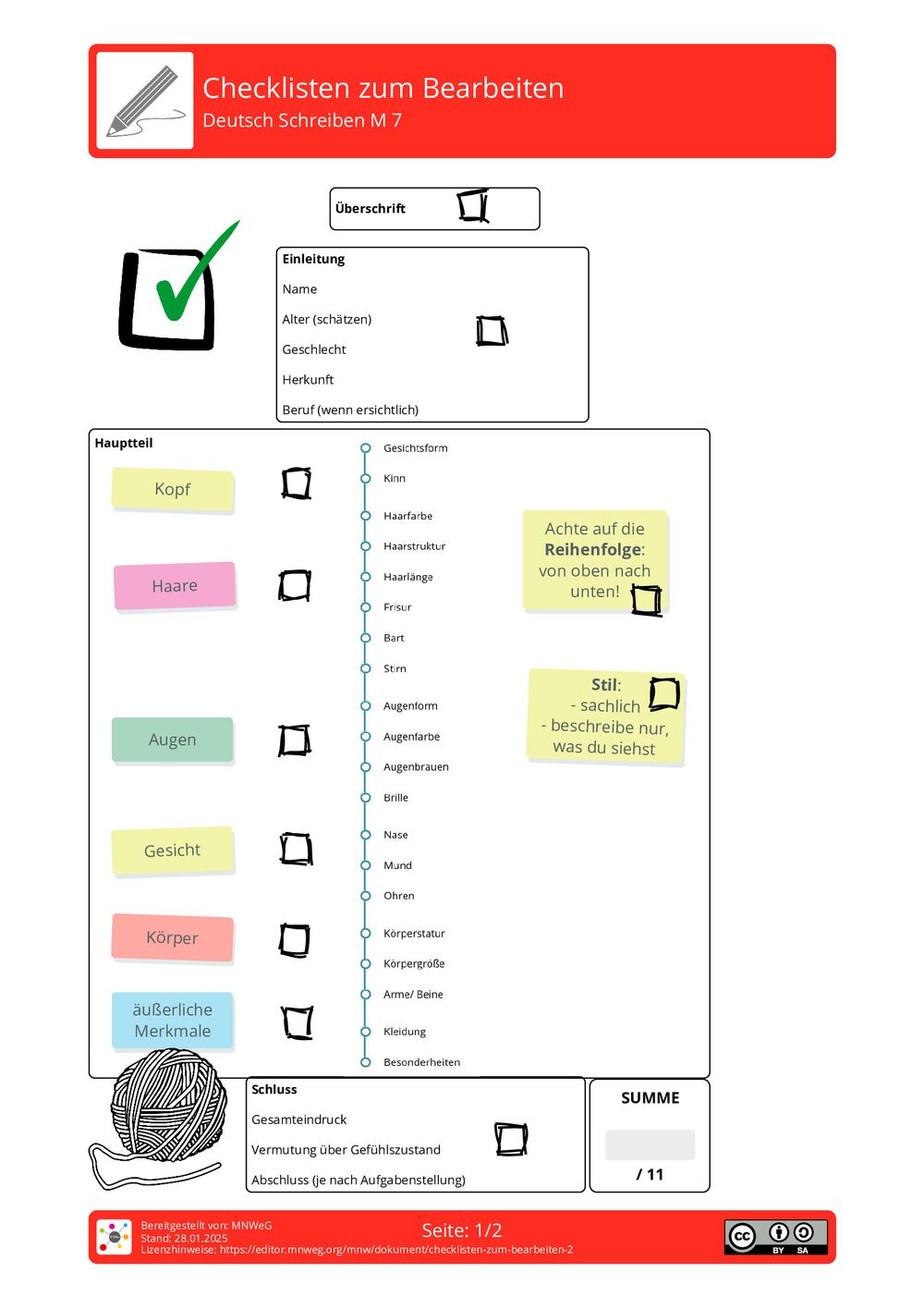 Arbeitsblatt - Checklisten zum Bearbeiten - Deutsch - Schreiben - mnweg.org