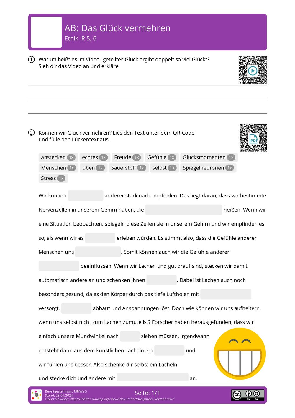 Arbeitsblatt - Das Glück vermehren - Ethik - mnweg.org