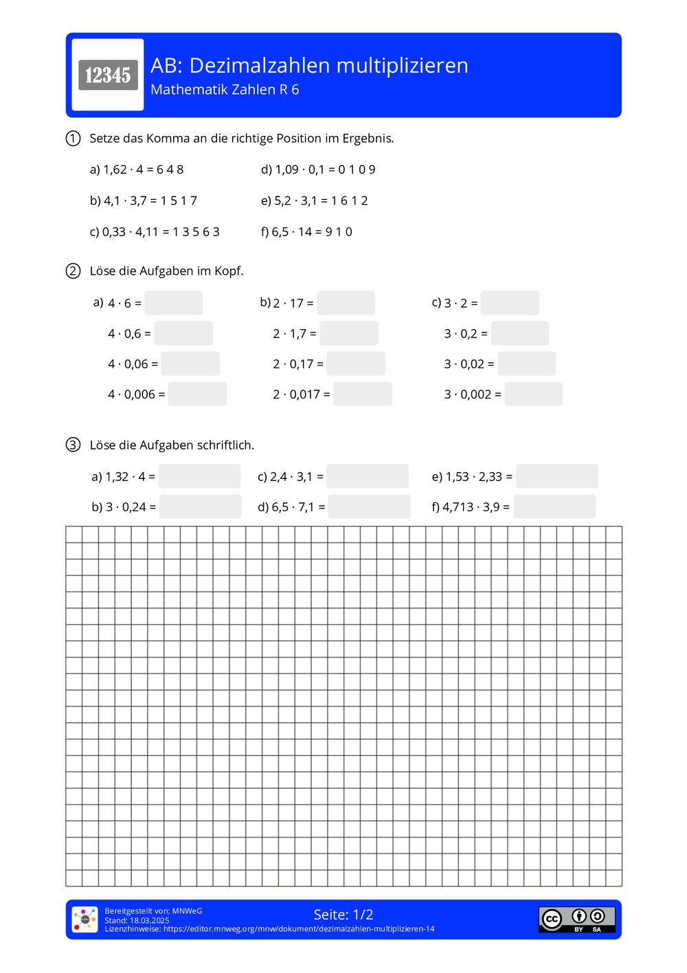 Arbeitsblatt - Dezimalzahlen multiplizieren - Mathematik - Zahlen ...