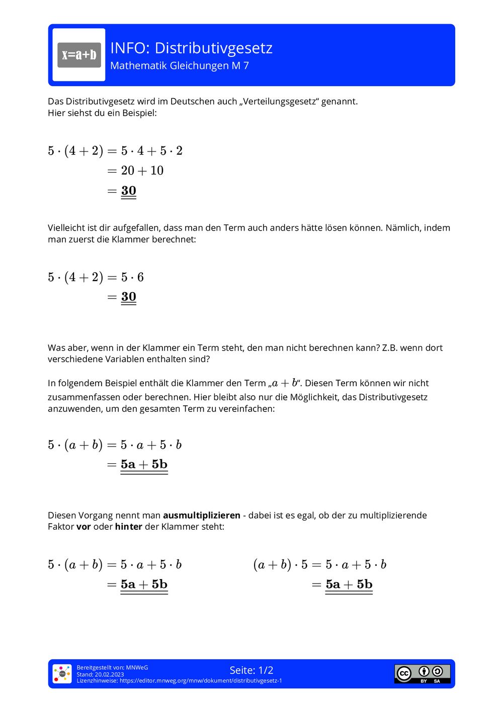 Arbeitsblatt - Distributivgesetz - Mathematik - Gleichungen - mnweg.org