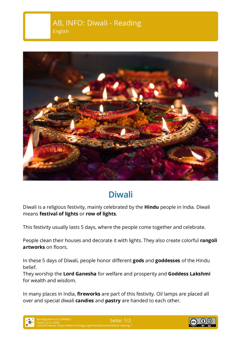 Arbeitsblatt - Diwali - Reading - English - mnweg.org