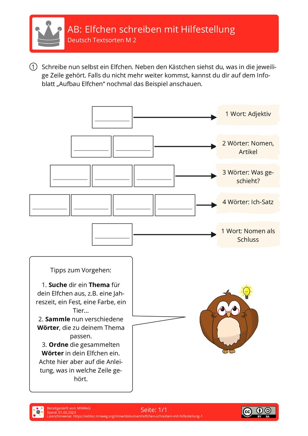 Arbeitsblatt - Elfchen schreiben mit Hilfestellung - Deutsch ...
