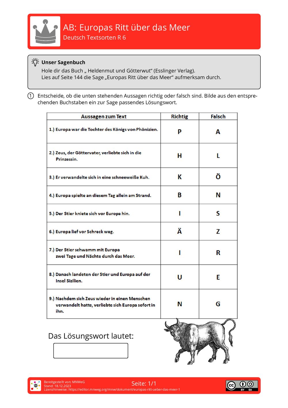 Arbeitsblatt - Europas Ritt über das Meer - Deutsch - Textsorten ...