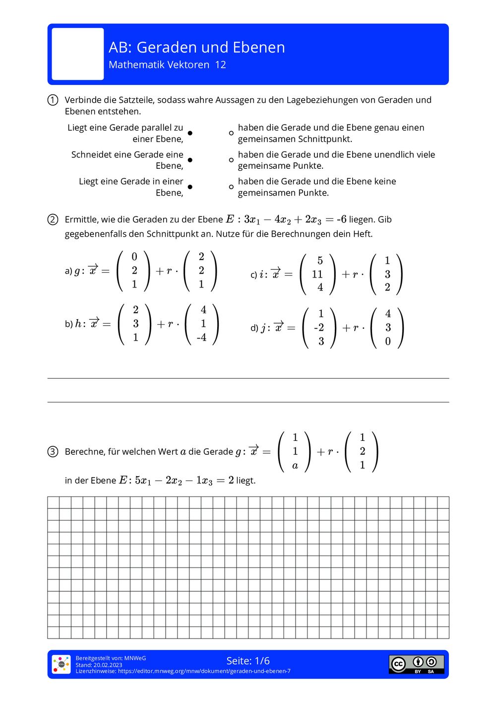 Arbeitsblatt - Geraden und Ebenen - Mathematik - Vektoren - mnweg.org